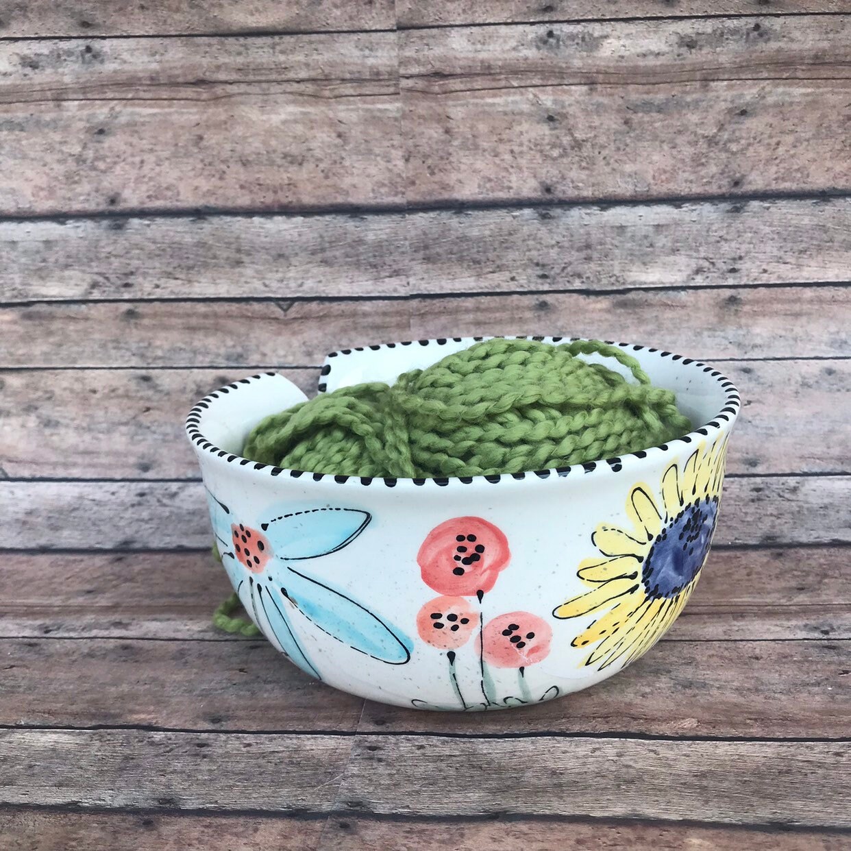 One of a Kind Yarn Bowl With Handpainted Floral Pattern Knit Crochet ...