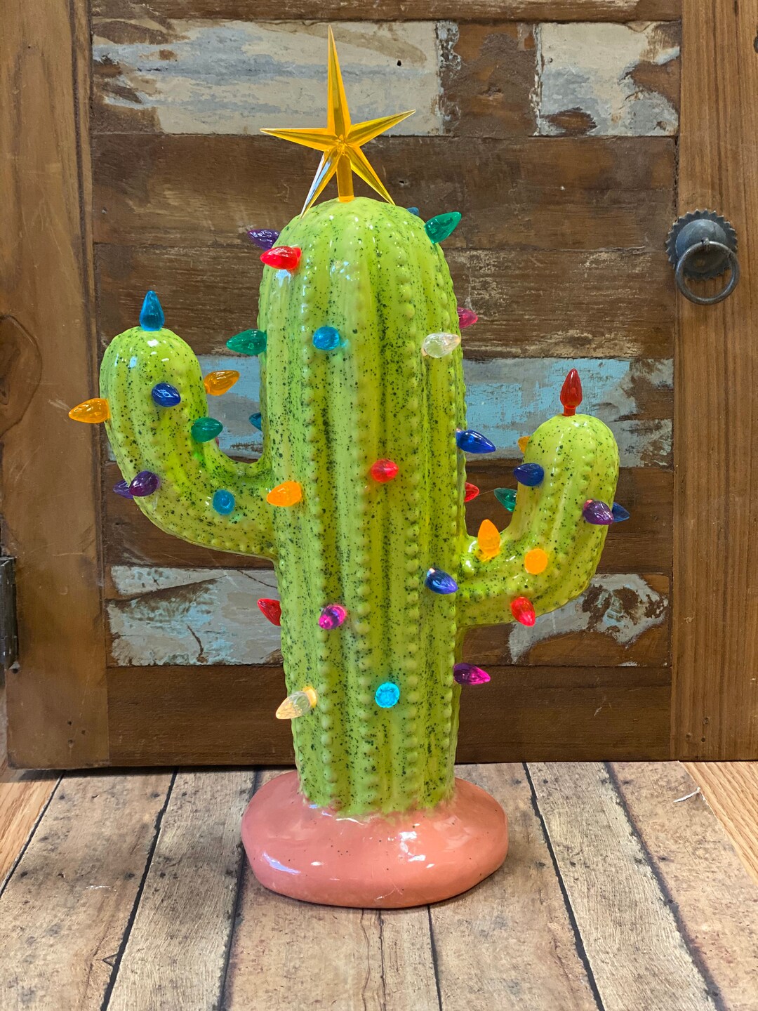Lighted Cactus in Ceramic Speckled Green With Arizona Peach Sand. - Etsy