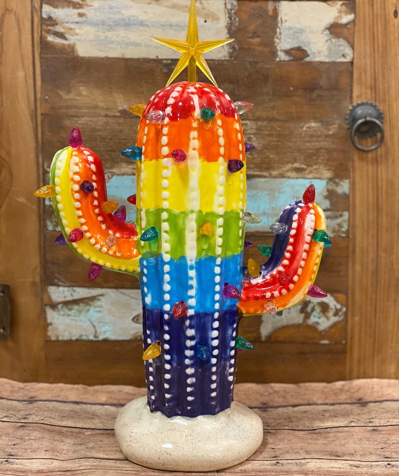 Lighted Cactus in Ceramic Vintage Rainbow | Etsy
