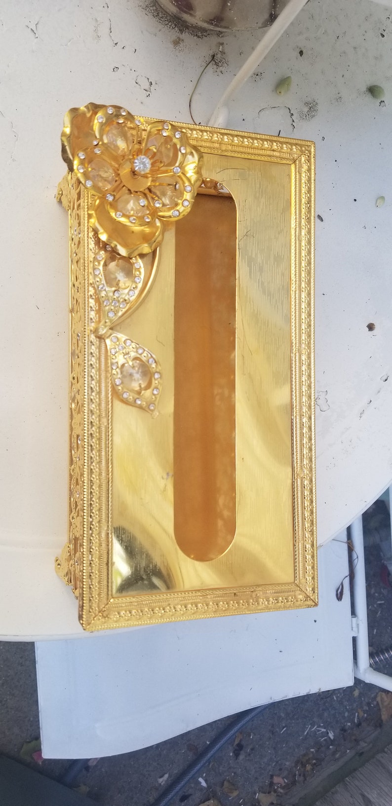 80s Crystal Rhinestone Vintage 24k Gold Plated Tissue Box Holder Caddy ...