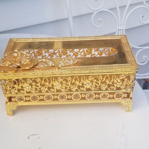 80s Crystal Rhinestone Vintage 24k Gold Plated Tissue Box Holder Caddy ...