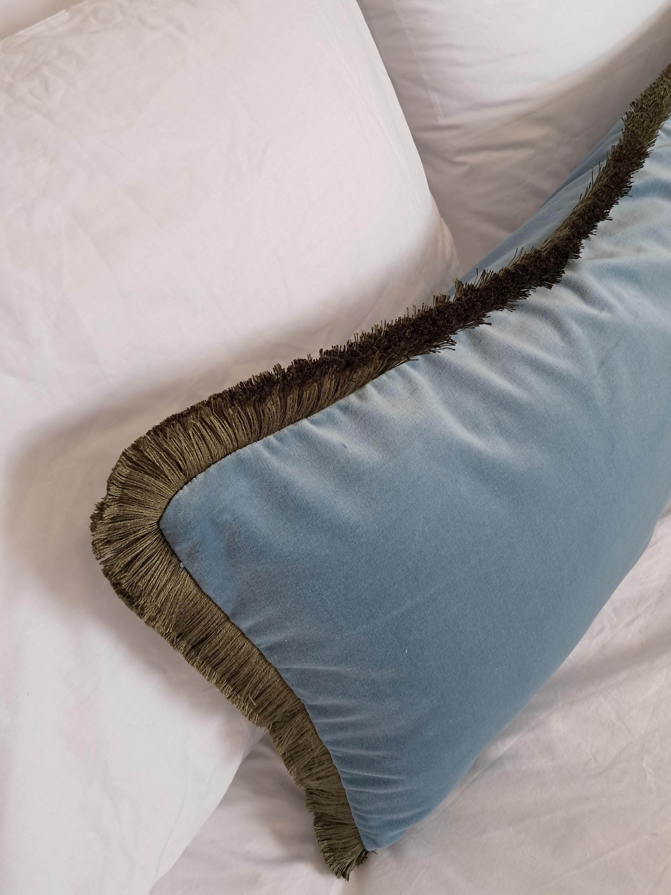 Cornflower Blue Velvet Long Lumbar Pillow – Moss Green Fringe Throw ...