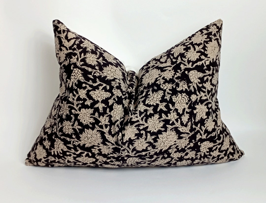 Block Print Pillow, Block Print Black Floral Pillow, Block Print ...