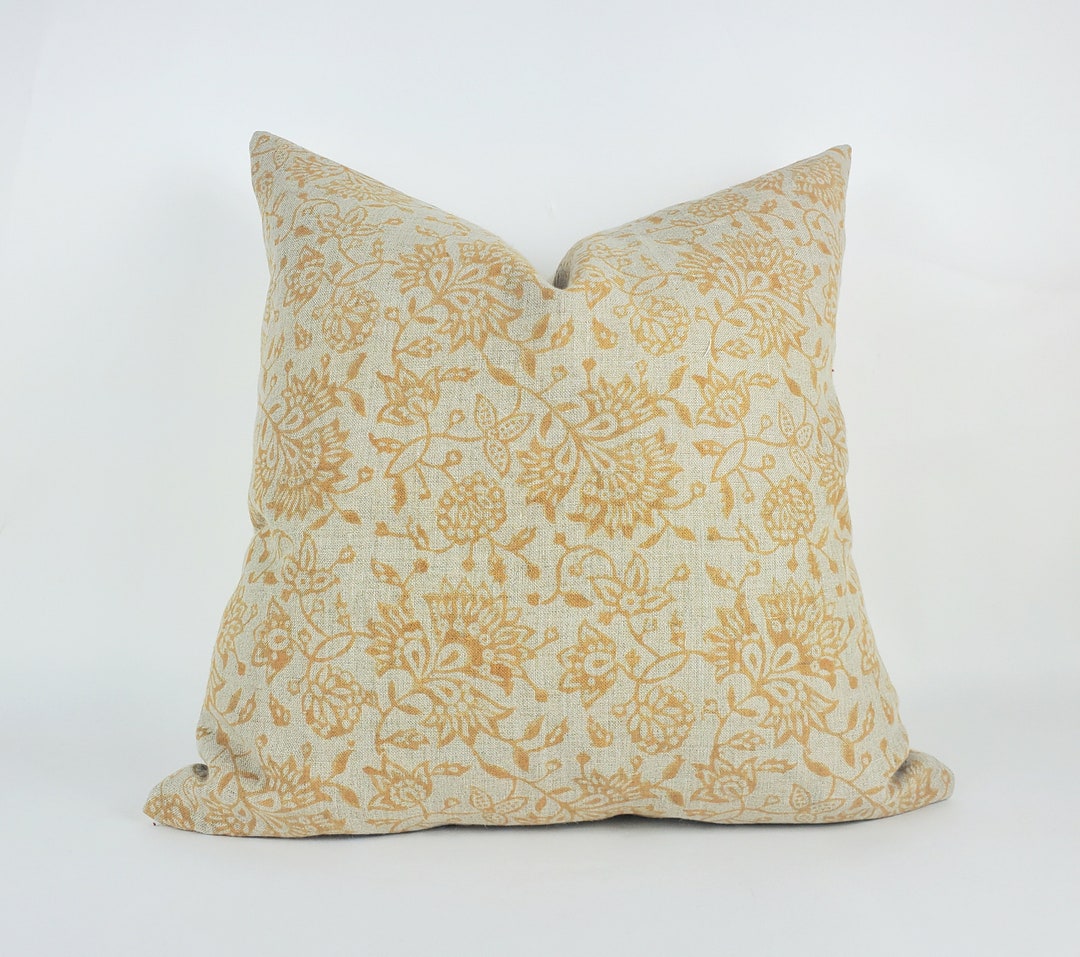 Yellow Block Print Pillow, Block Print Mustard Floral Pillow, Block ...