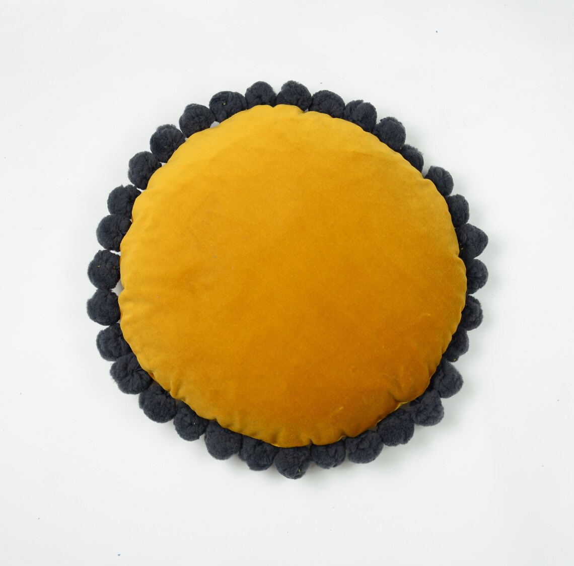 Round Velvet Cushion // Round Mustard Pillow // Round Pom Pom | Etsy