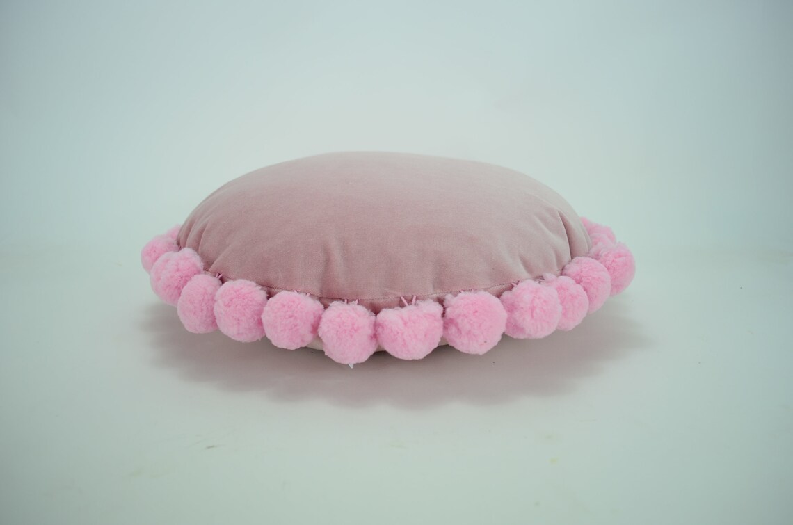 Round Pink Pom Pom Pillow // Round Velvet Cushion // Round Pom Pom ...
