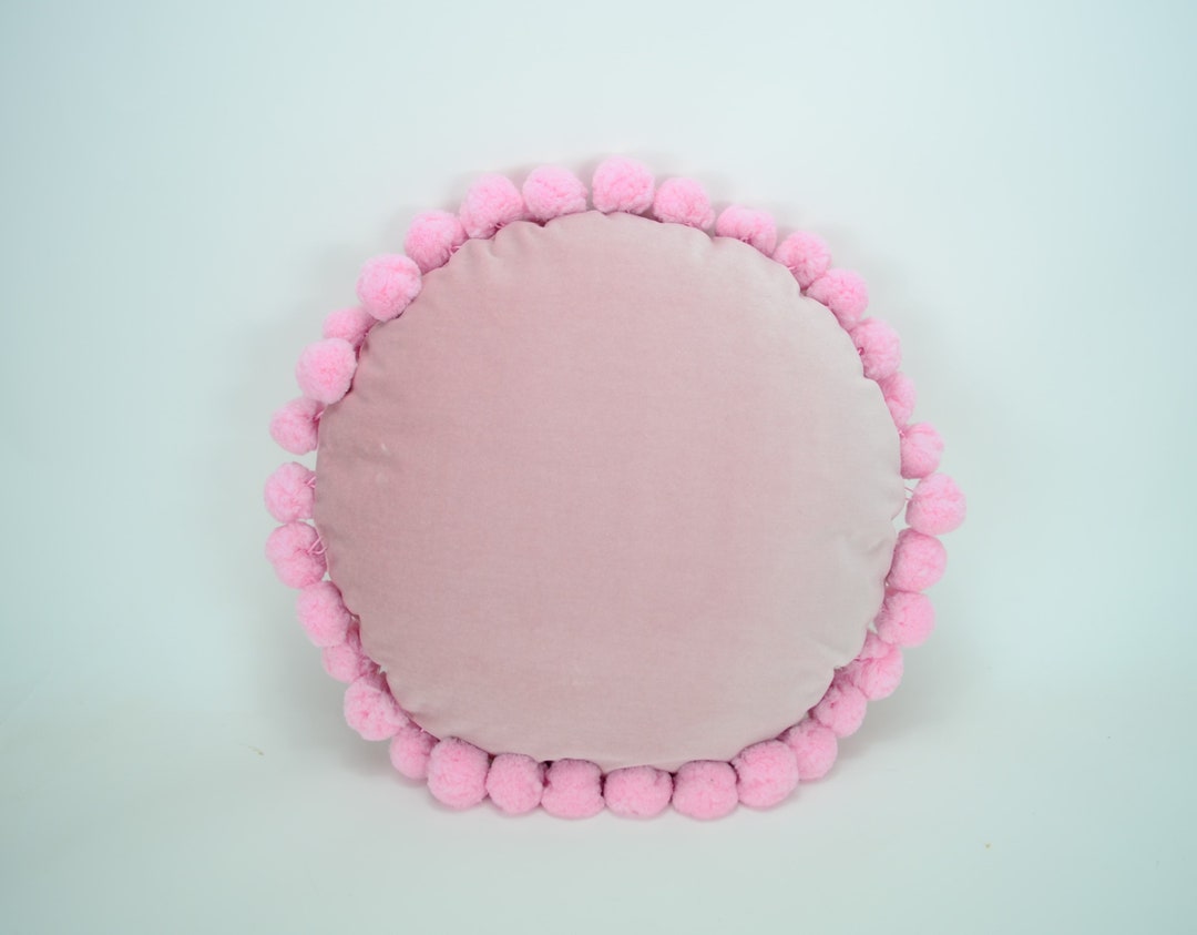 Round Pink Pom Pom Pillow // Round Velvet Cushion // Round Pom Pom ...