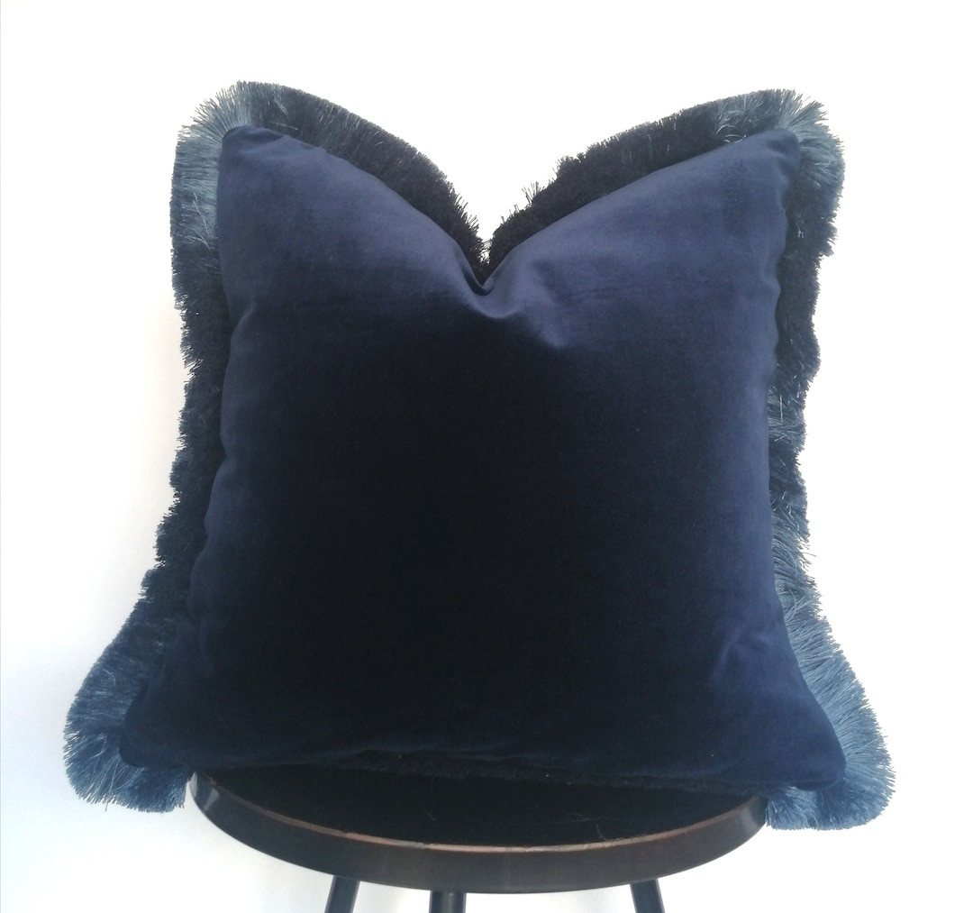 Midnight Blue Velvet Throw Pillow - Navy Fringe Cushion - Modern Home ...