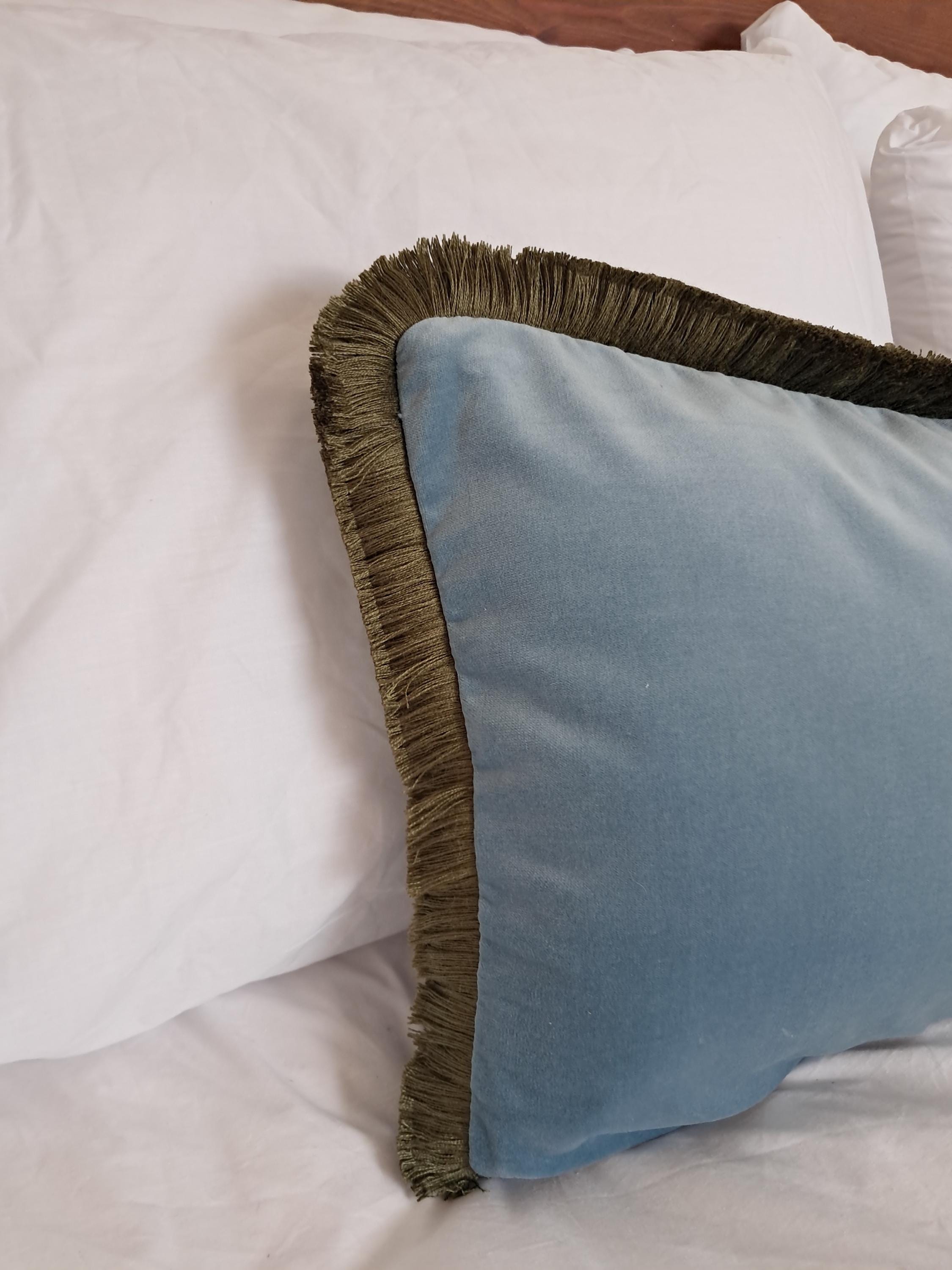 Cornflower Blue Velvet Long Lumbar Pillow – Moss Green Fringe Throw ...