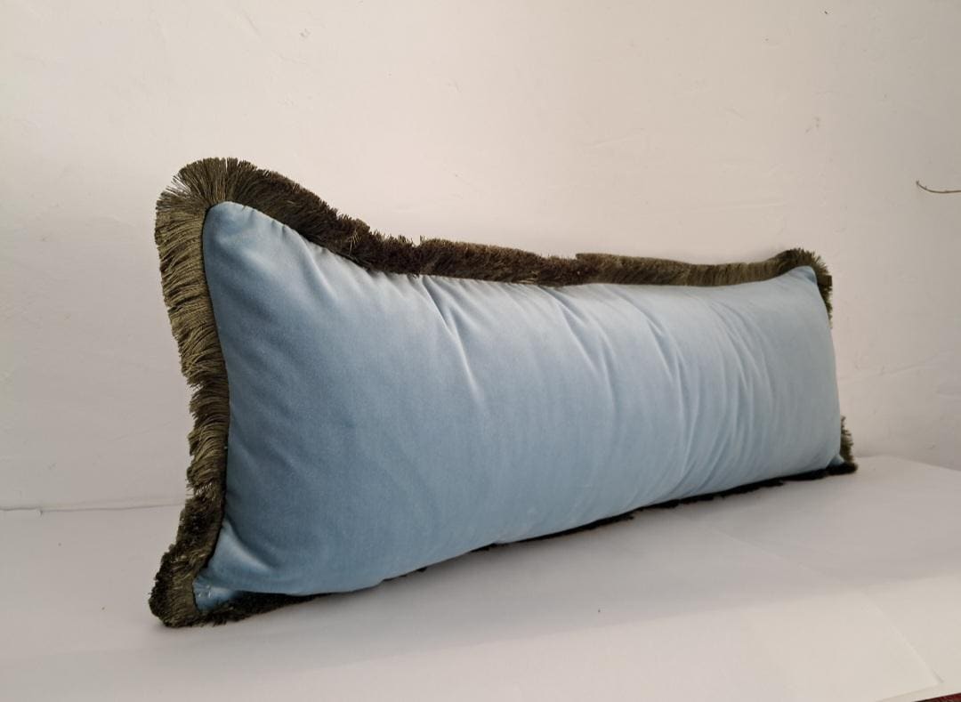 Cornflower Blue Velvet Long Lumbar Pillow – Moss Green Fringe Throw ...