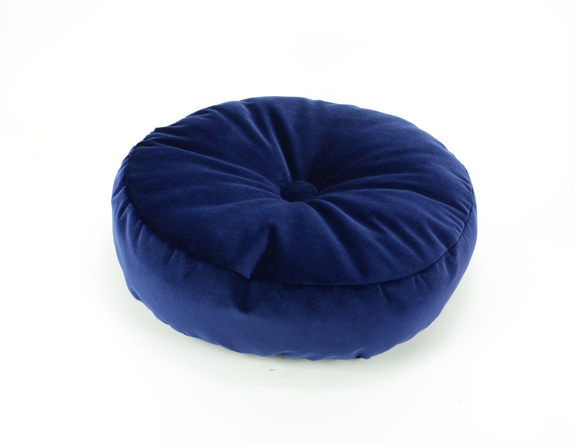 Midnight Blue Velvet Cushion // Round Velvet Pouf Pillow // Round Box ...