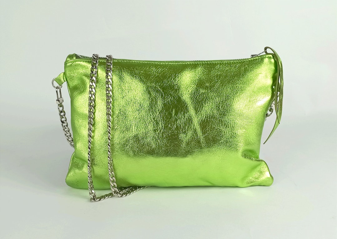 Metallic Green Leather Clutch Bag Metallic Lime Green - Etsy