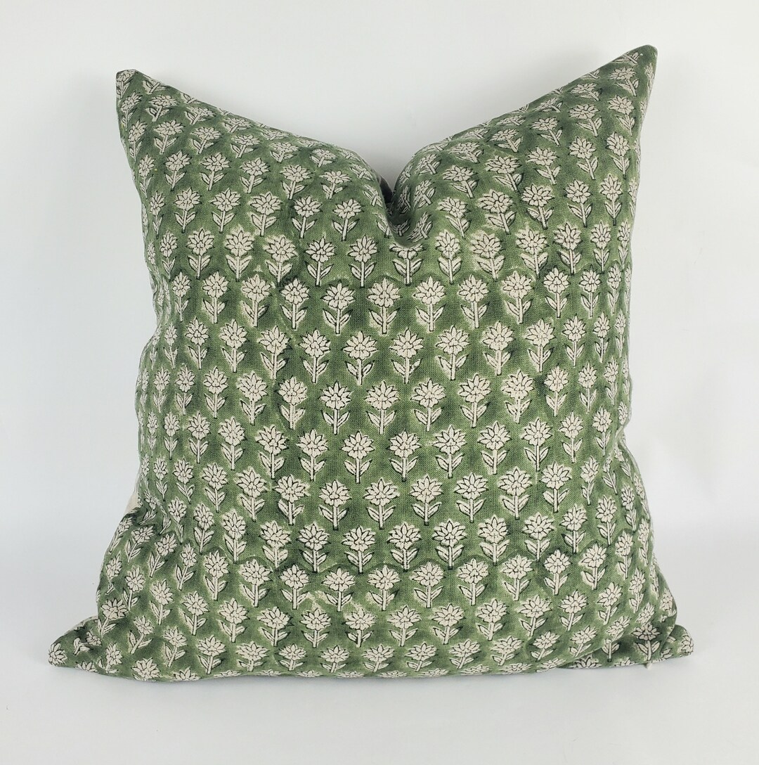 Green Block Print Pillow, Block Print Green Floral Pillow, Block Print ...