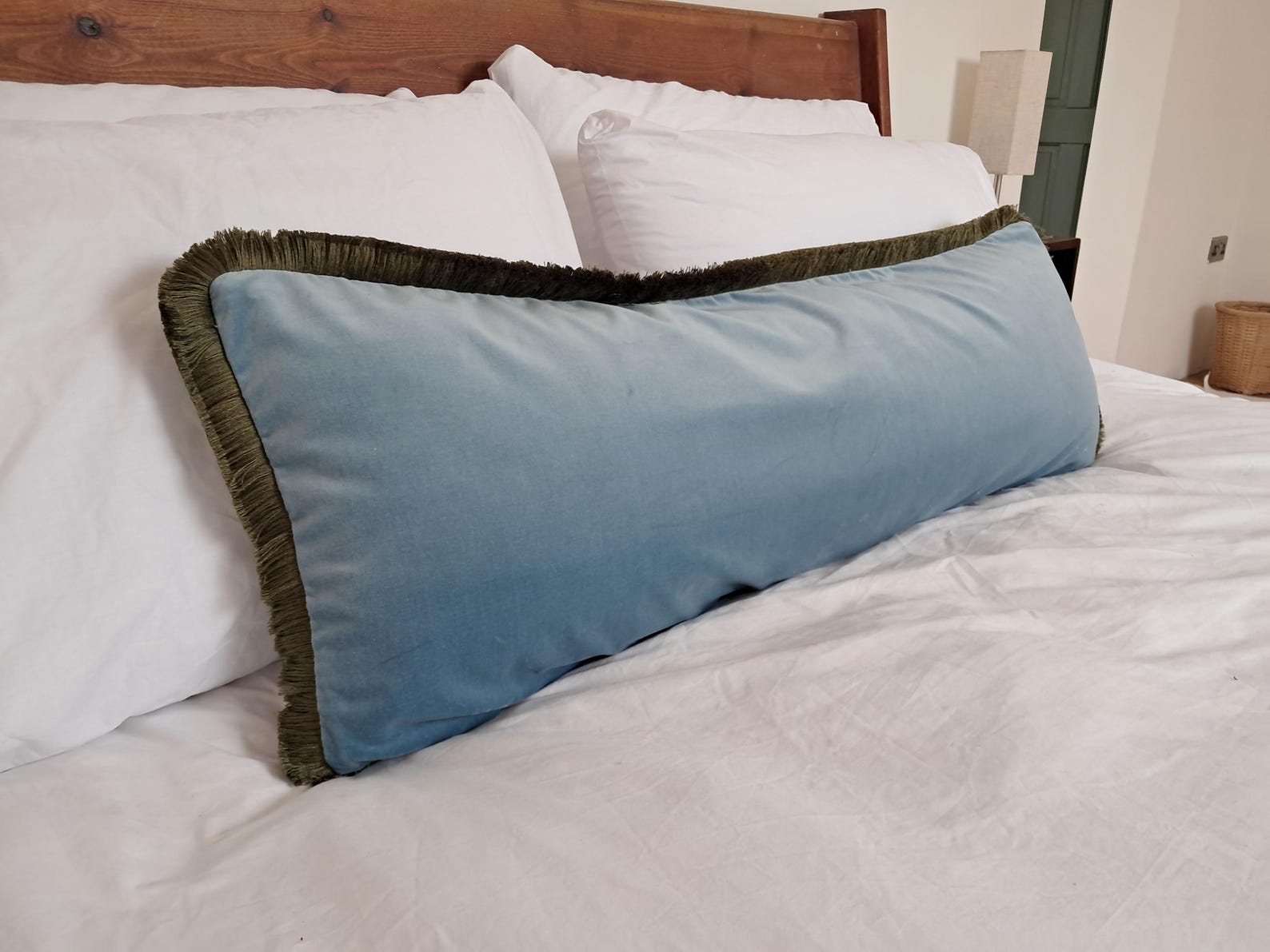 Cornflower Blue Velvet Long Lumbar Pillow – Moss Green Fringe Throw ...