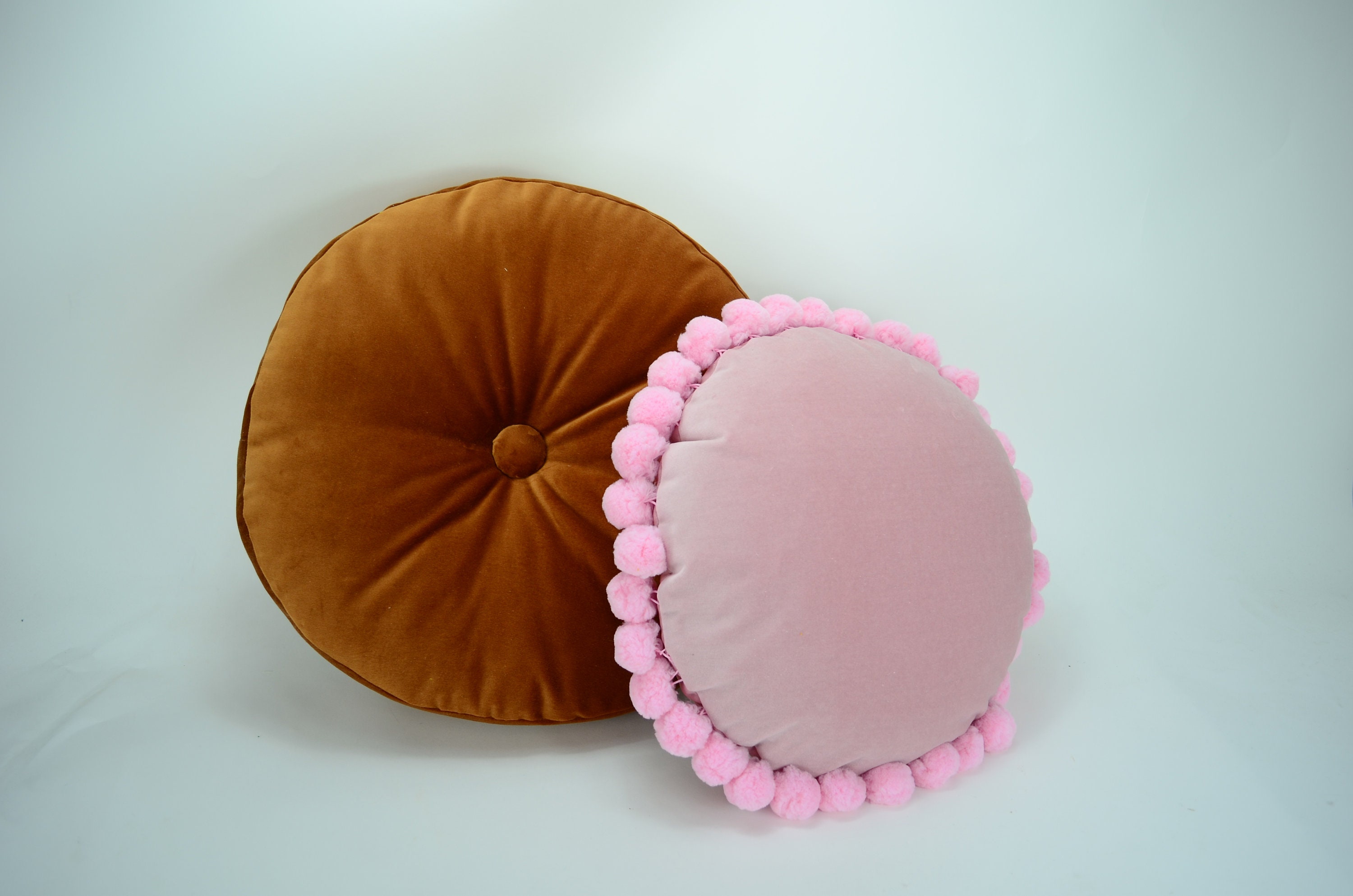 Round Pink Pom Pom Pillow // Round Velvet Cushion // Round Pom Pom ...