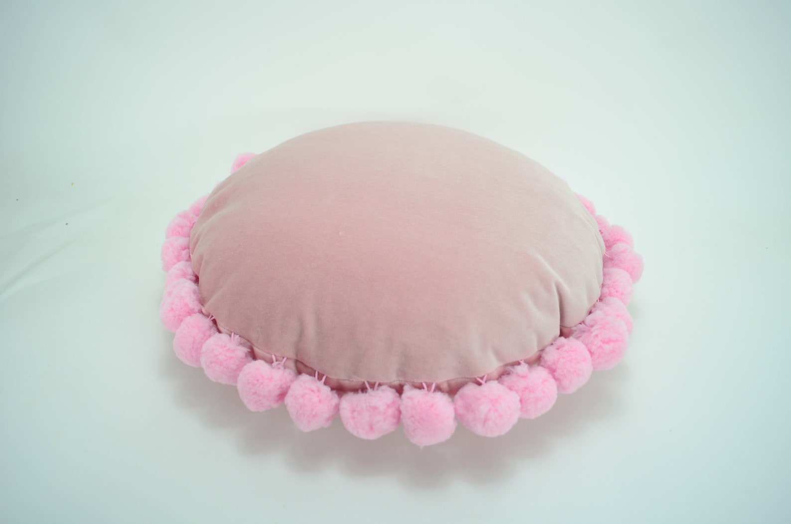 Round Pink Pom Pom Pillow // Round Velvet Cushion // Round Pom Pom ...