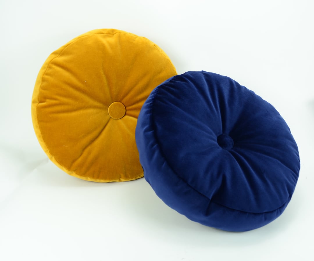 Midnight Blue Velvet Cushion // Round Velvet Pouf Pillow // Round Box ...