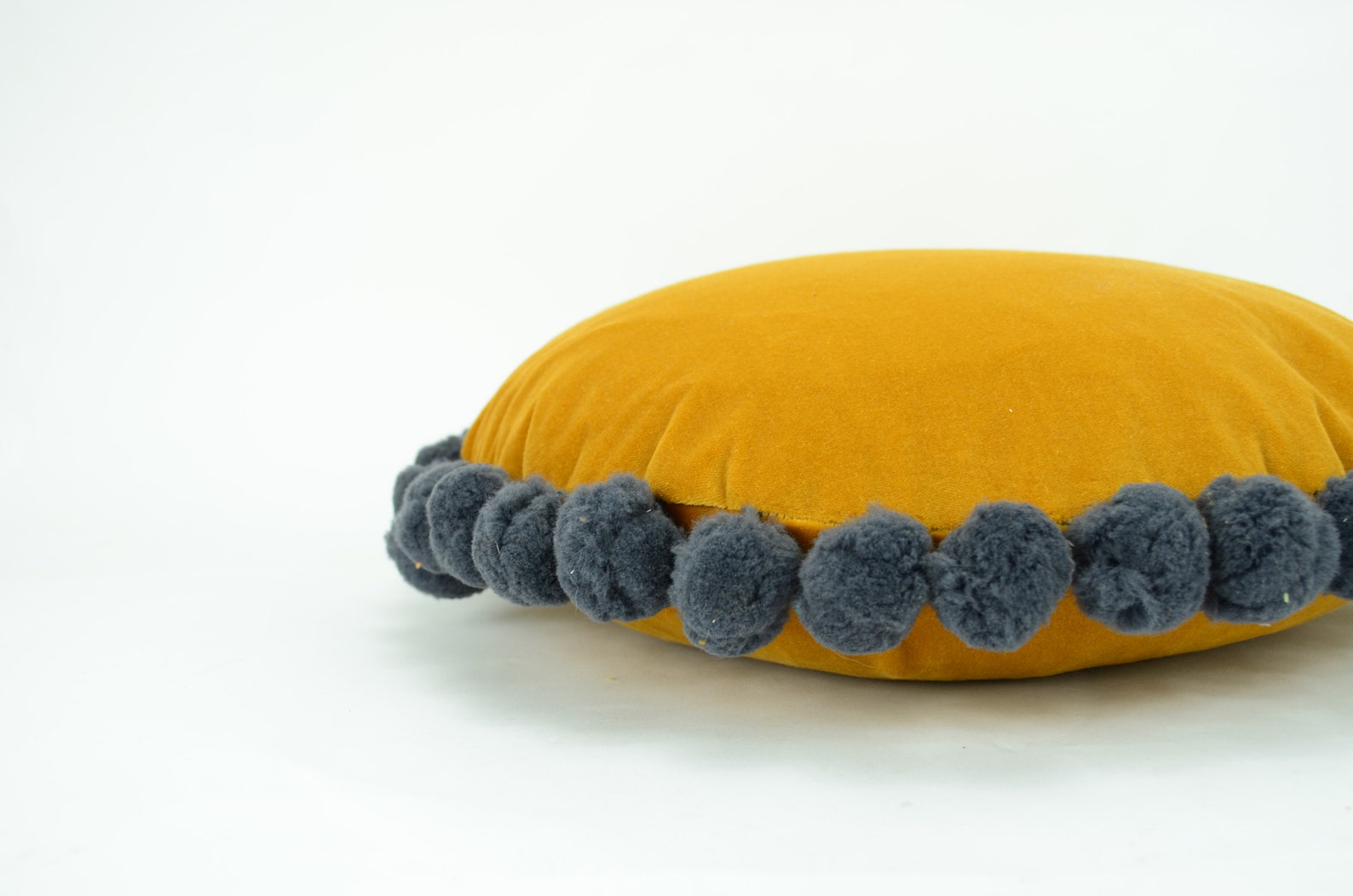 Round Velvet Cushion // Round Mustard Pillow // Round Pom Pom | Etsy