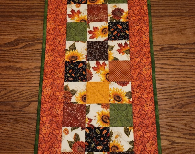 Fall Sunflower and Leaves Quilted Table Runner, Orange Red and Brown ...
