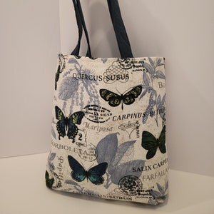 Blue Butterfly Print Canvas Tote Bag, Handmade Fabric Tote With Pockets ...