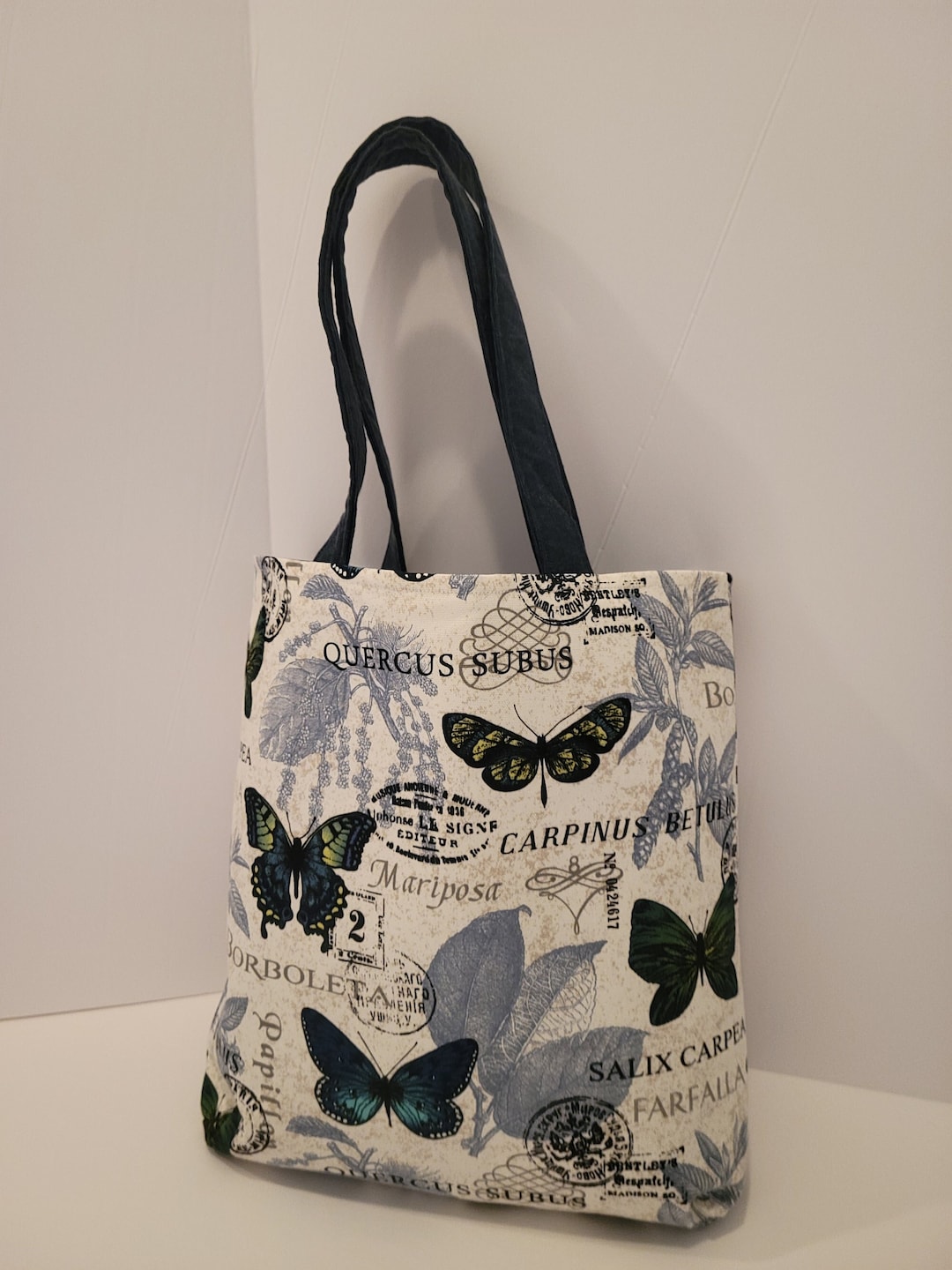 Blue Butterfly Print Canvas Tote Bag, Handmade Fabric Tote With Pockets ...