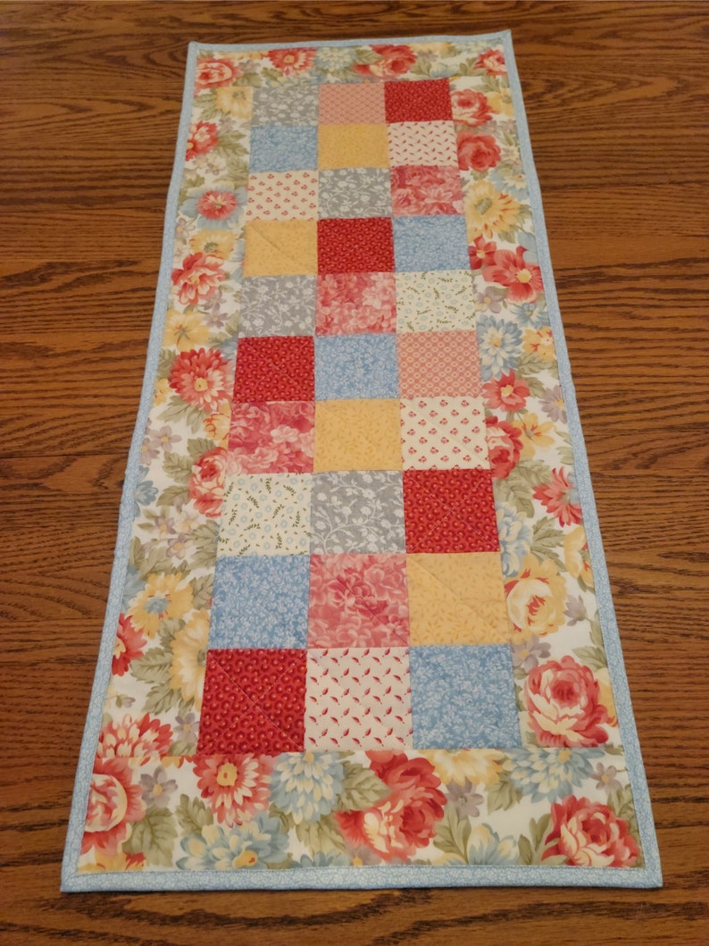 Coral and Yellow Floral Quilted Runner for Spring, Patchwork Quilted Table Topper, Flower Print ...