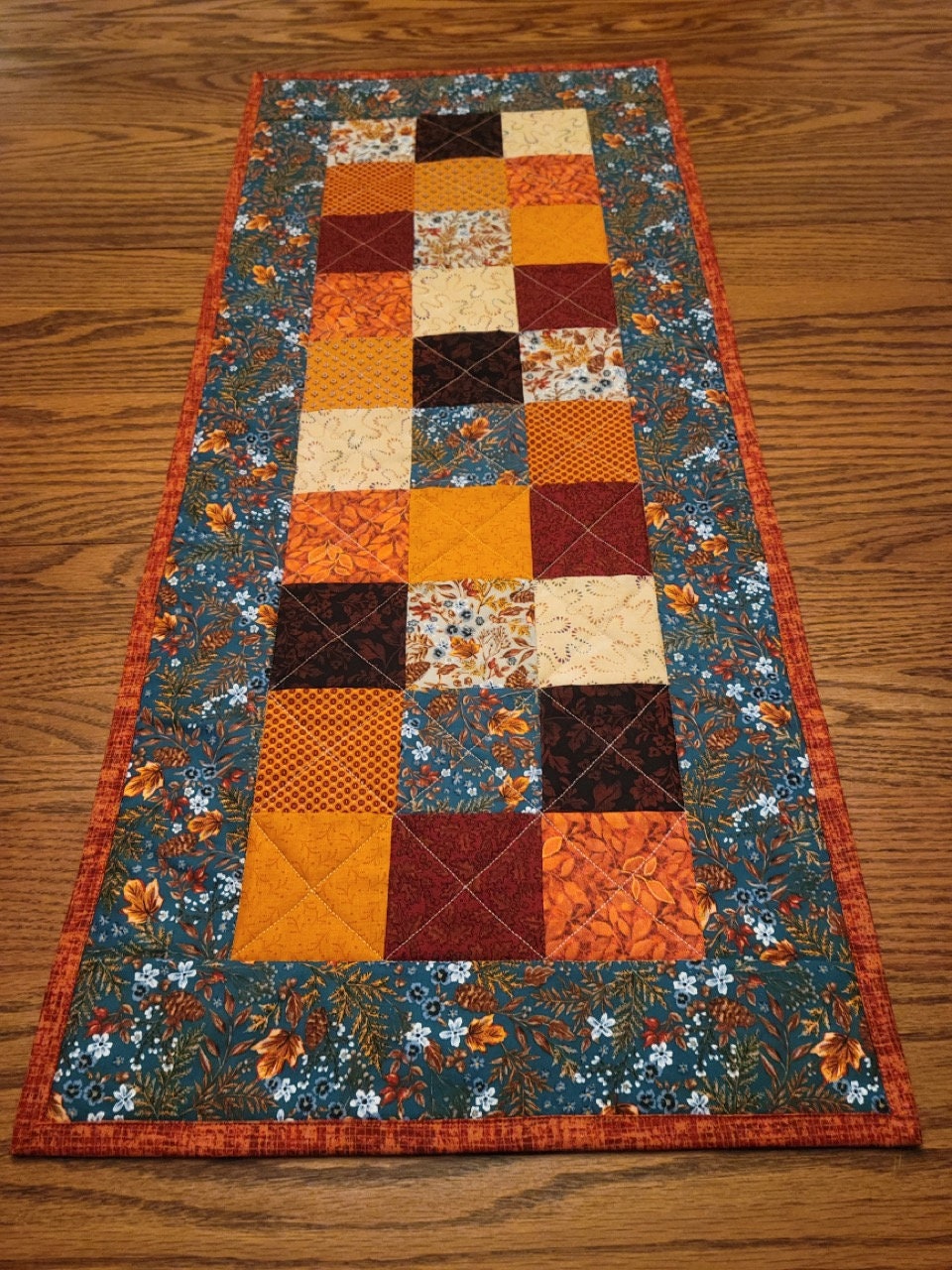 Vintage Fall Quilted Table Runner, Leaves Print Fabric Runner, Blue ...