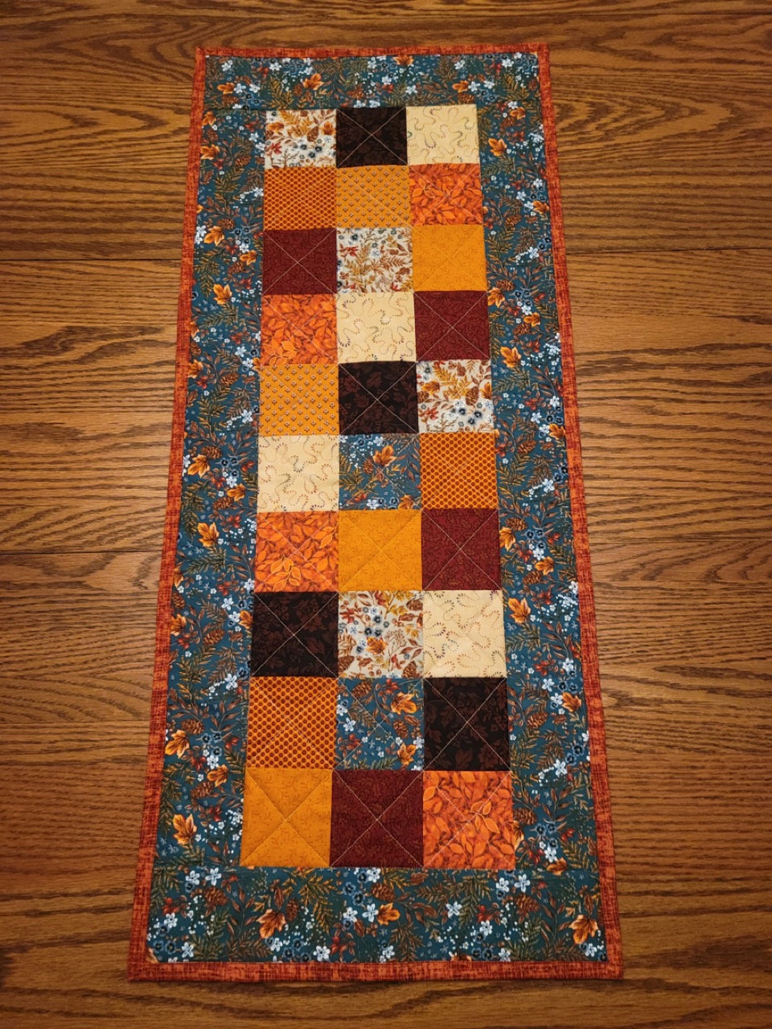 Vintage Fall Quilted Table Runner, Leaves Print Fabric Runner, Blue ...