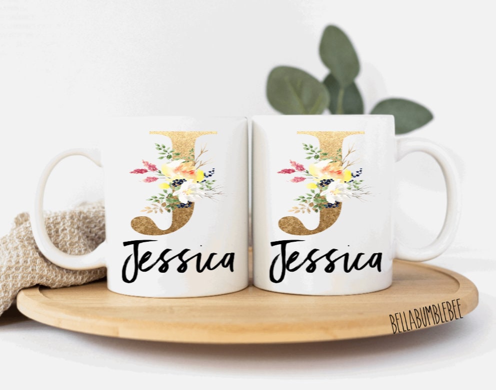 Custom Coffee Mug With Floral Foil Gold Lettering and Name | Etsy