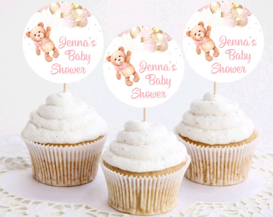 Pink Balloon Teddy Bear - Personalized Baby Shower Cupcake Topper on ...
