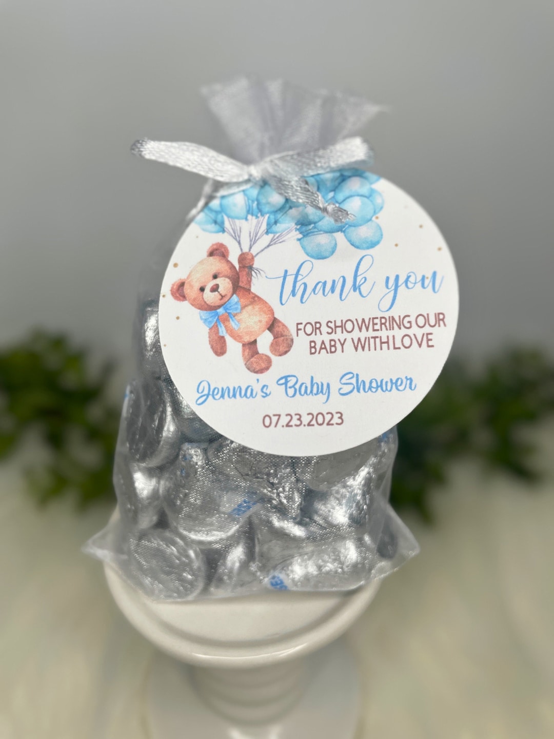 Baby Shower Favor Gift Tag - Round Personalized Teddy Bear Blue Balloon ...