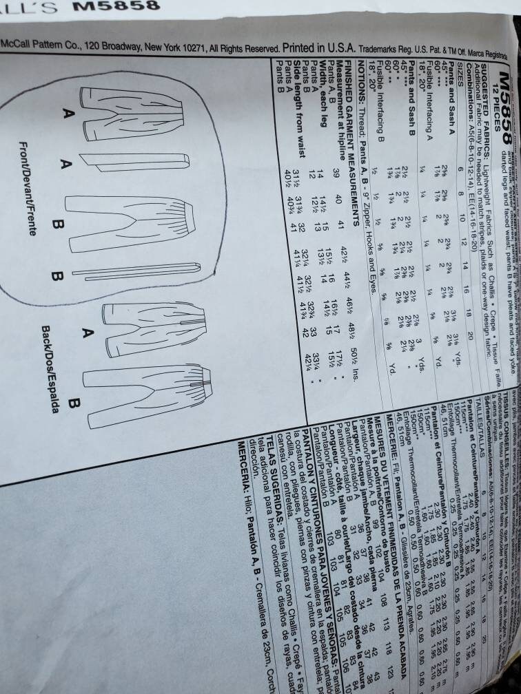 McCalls 5858 sewing pattern pants and sashes sizes 14-16-18-20 UNCUT/FF ...