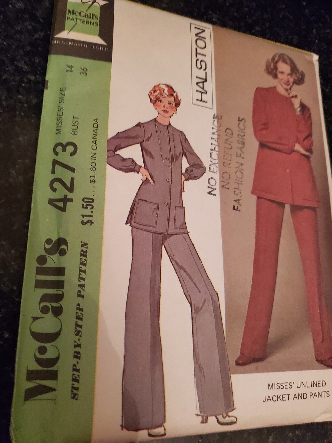 70s Halston Unlined Jacket and Pants Mccslls 4273 Sewing Pattern Size ...