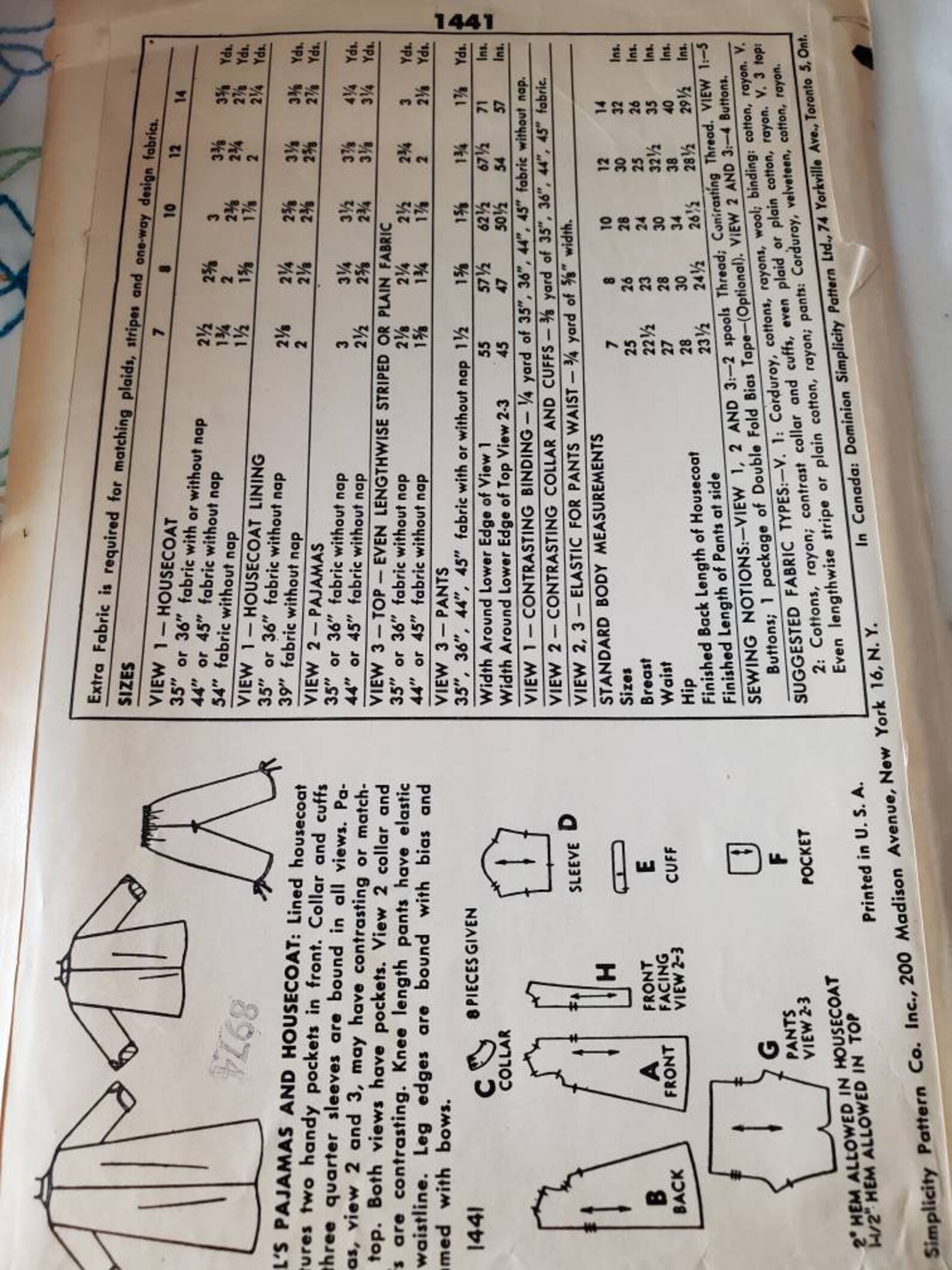 Simplicity 1441 sewing pattern Size 10 1960s pajamas and | Etsy