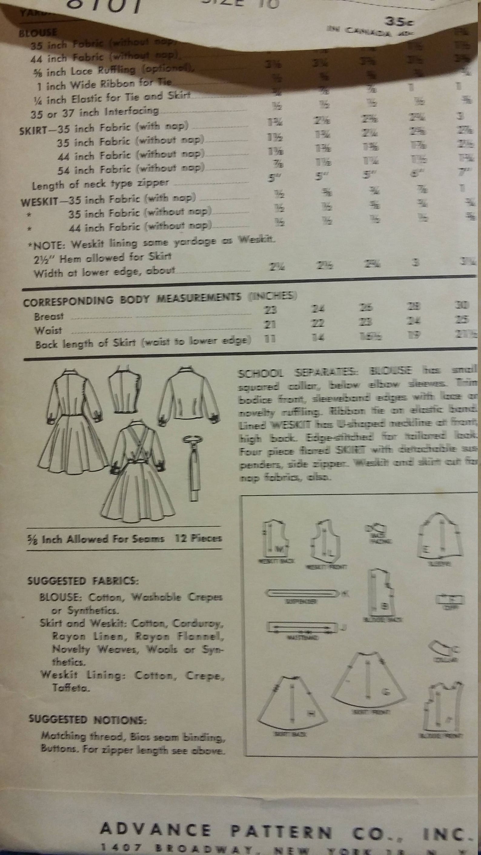 Vintage Advance 8101 Sewing Pattern Size 10 School Separates: - Etsy