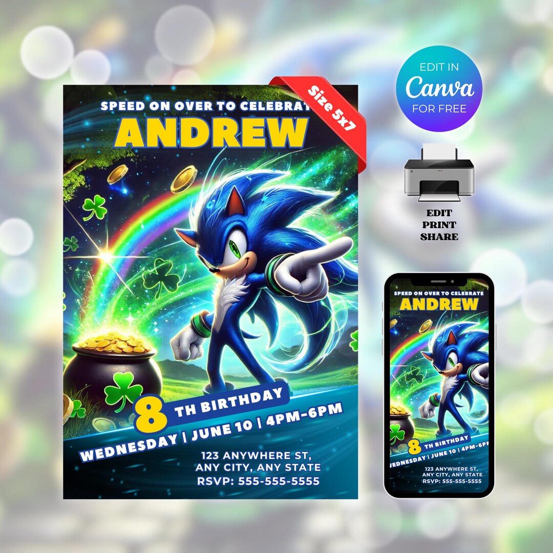 Sonic St Patricks Day Birthday Invitation Template, Editable, Printable ...