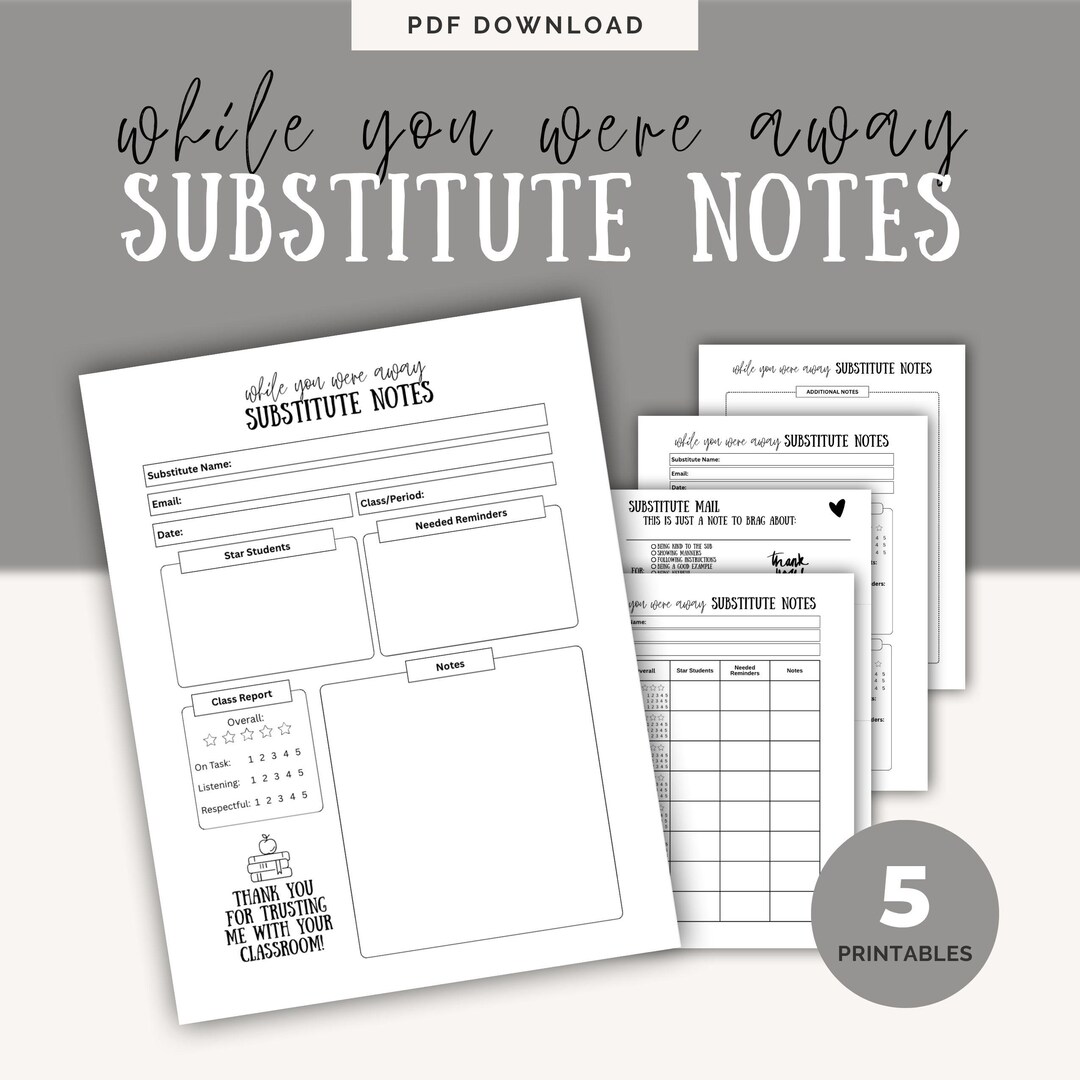 Substitute Teacher Notes Printable | Class Report, Reward Slips (PDF ...