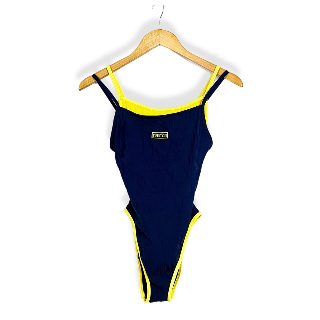 VTG 90s Navy and Yellow Ribbed Double Strapped Sporty One Pc Swimsuit ...