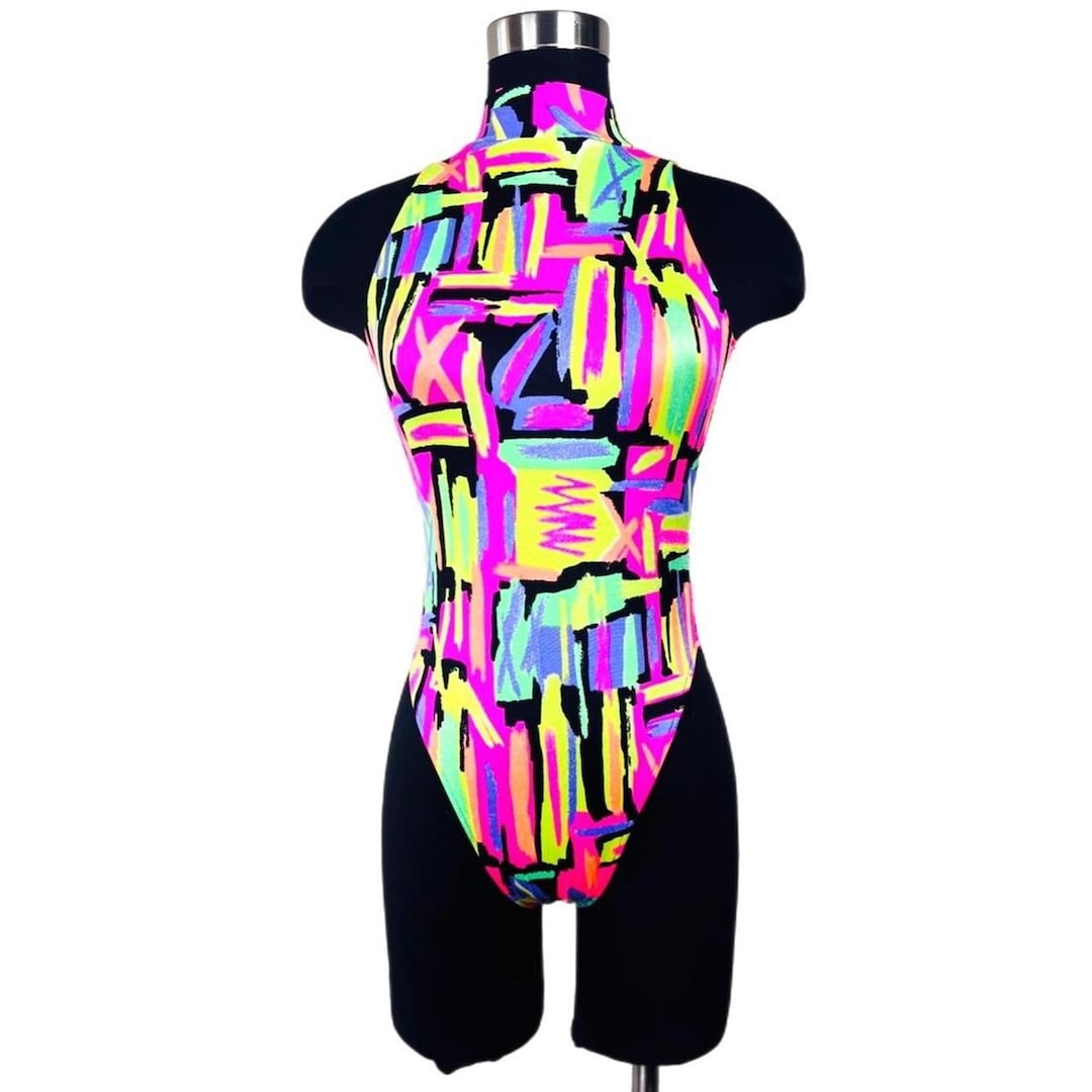 VTG 80s Neon Abstract Mock Neck Swimsuit - Etsy