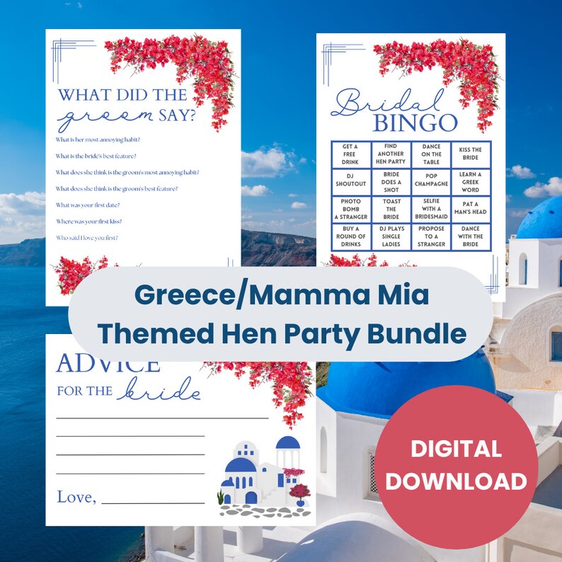 Greece Mamma Mia Themed Hen Party Hen Do Games Activities Bundle Mini ...