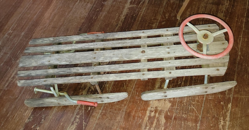 Vintage Wooden Sled With Steering Wheel and Brakes - Etsy