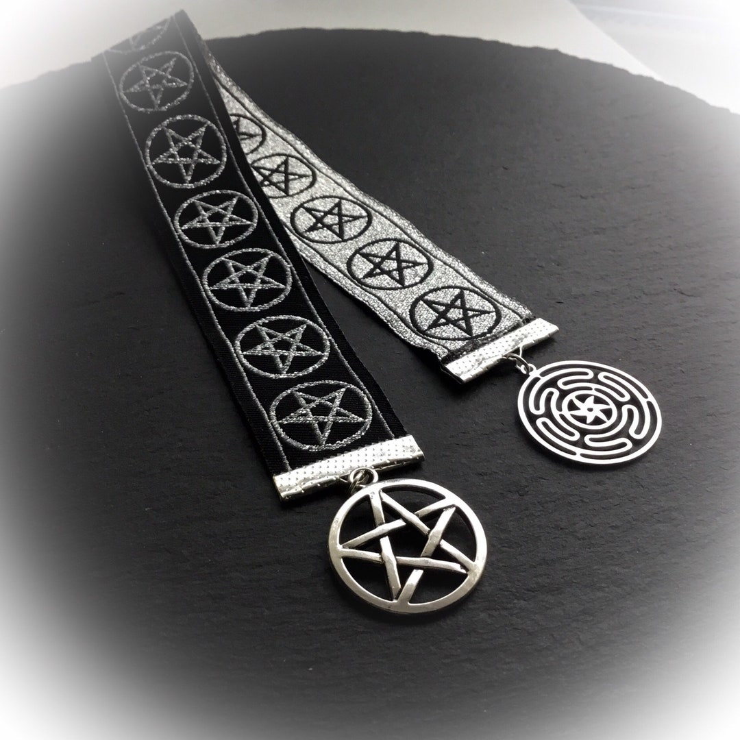 Witchy Bookmark Hecate's Wheel & Pentacle in Woven Metallic Silver and ...