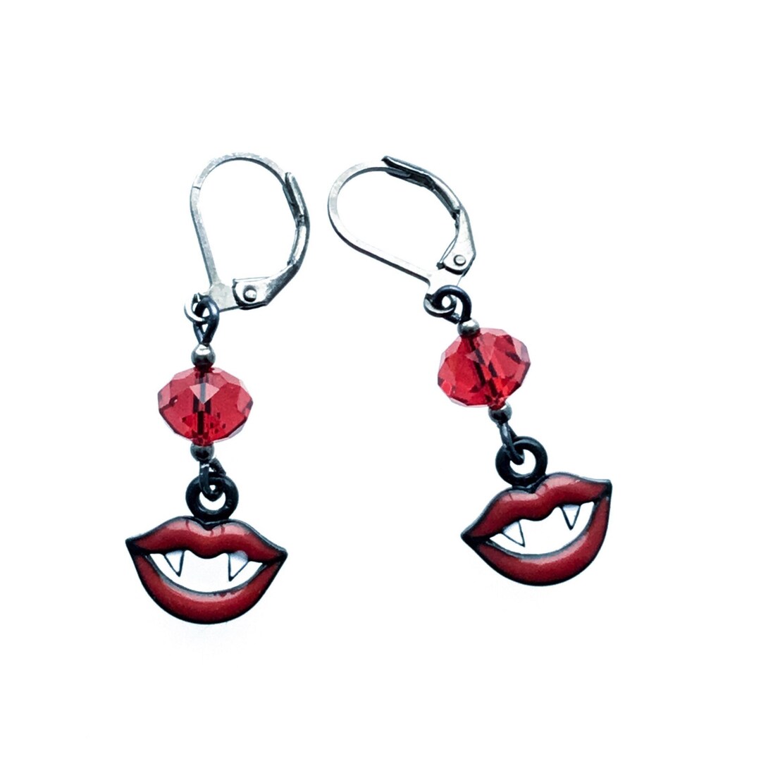 Love at First Bite Vampire Lips Earrings With Red Glass and Gunmetal ...