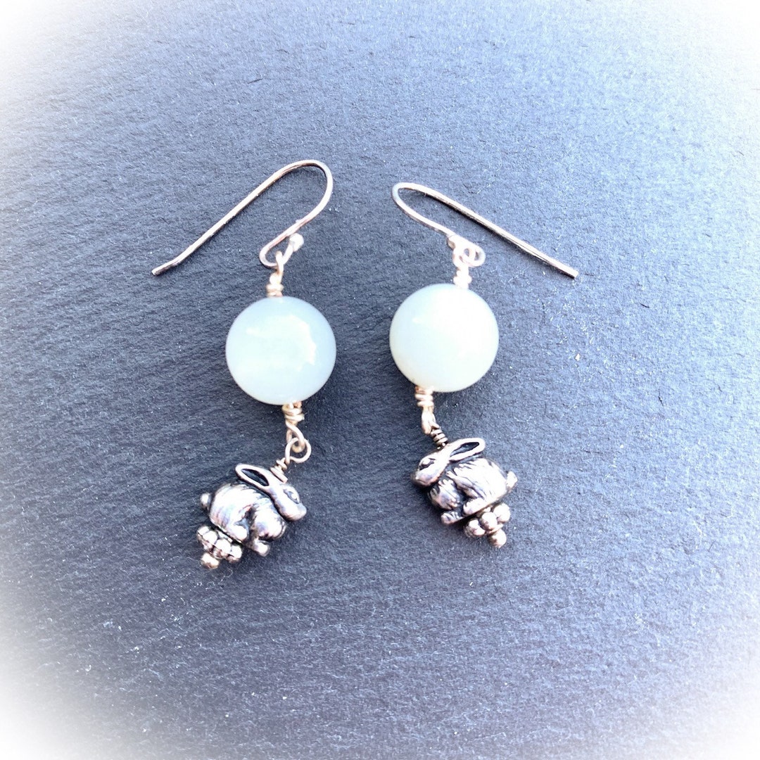 Full Moon Rabbit Earrings With Grey Moonstone and Pewter Rabbits With ...