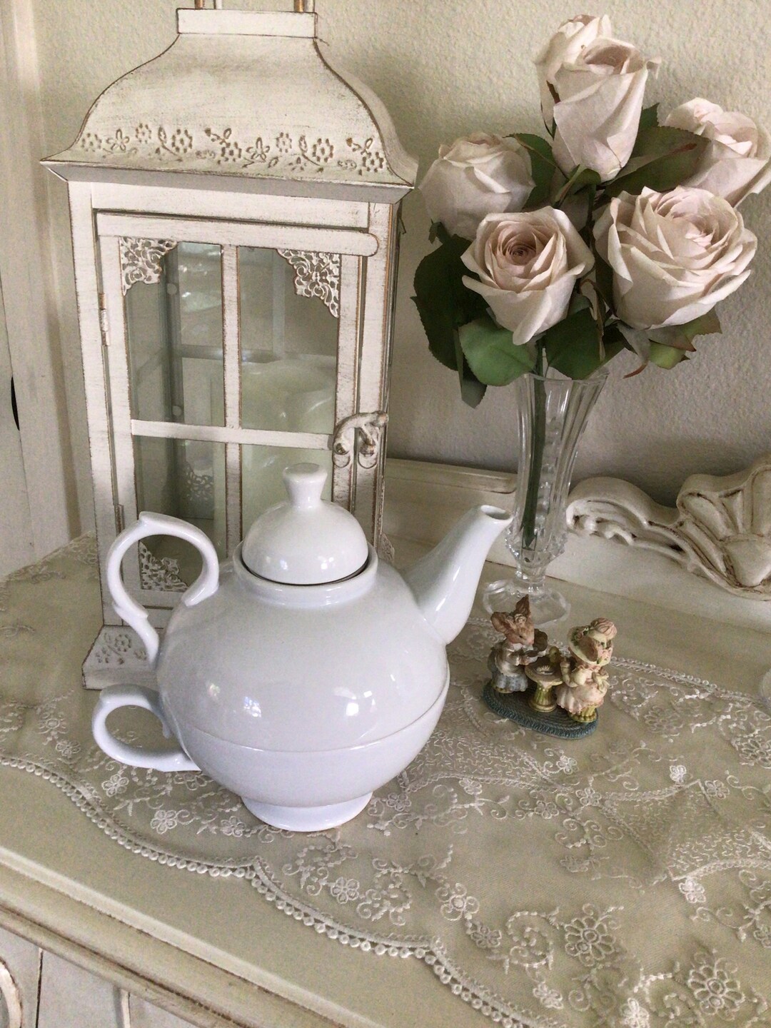 Vtg White STACKABLE TEA SET for One Single Serve Footed Curved Handle ...