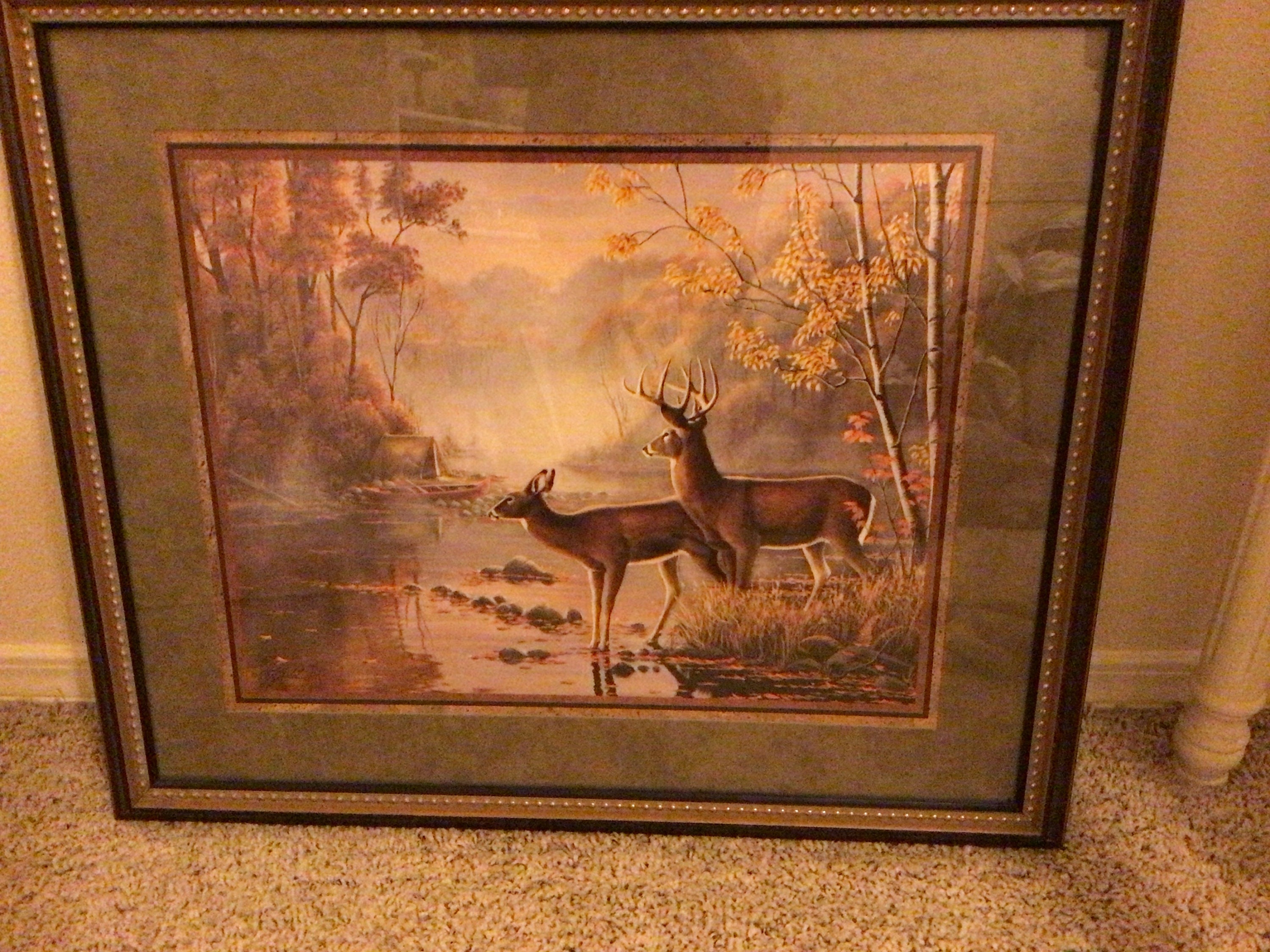 Vtg PEACEFUL DEER Framed PICTURE Large Size Matted Wood Frame Vintage ...