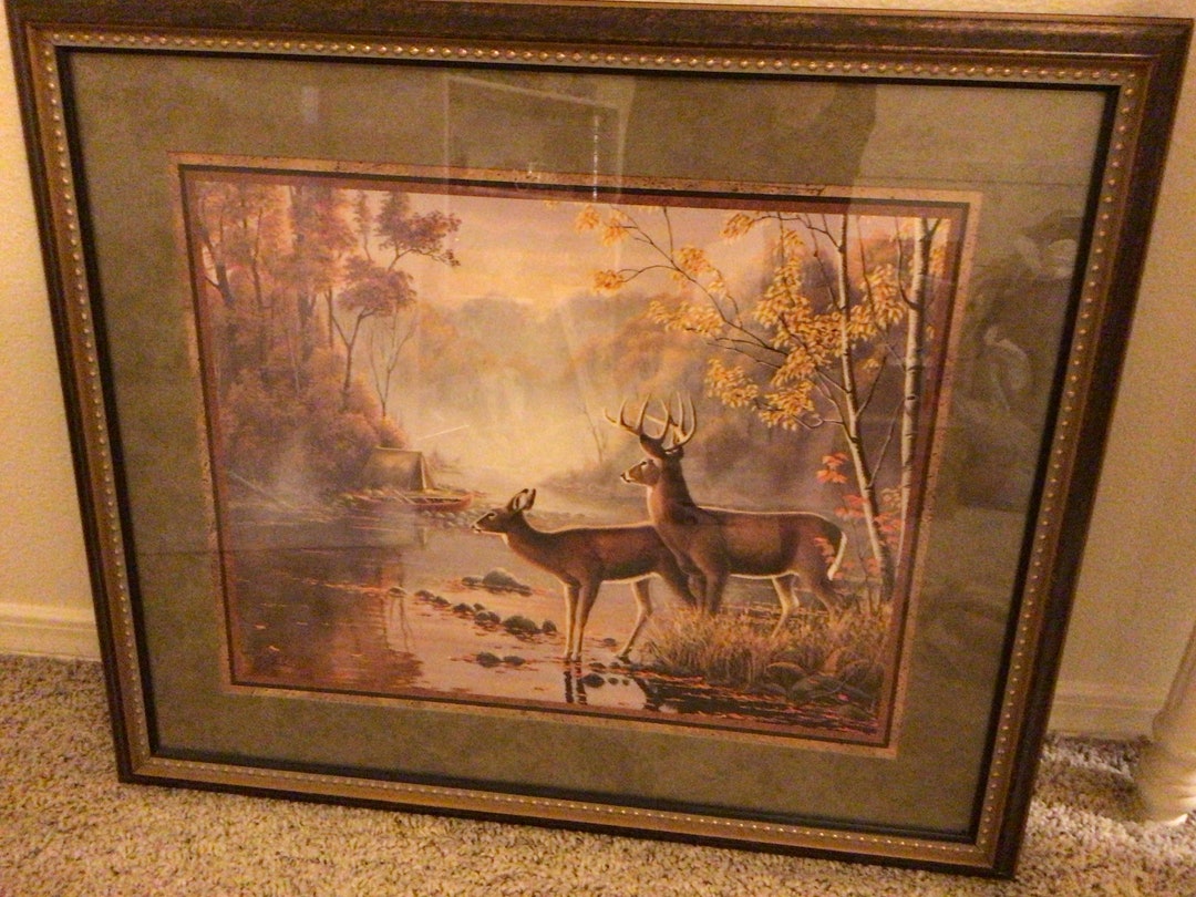 Vtg PEACEFUL DEER Framed PICTURE Large Size Matted Wood Frame Vintage ...