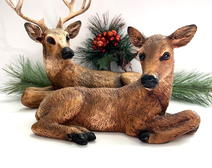 Vintage Homco Deer Pair, Lying Buck and Doe Figurines, Large Christmas ...