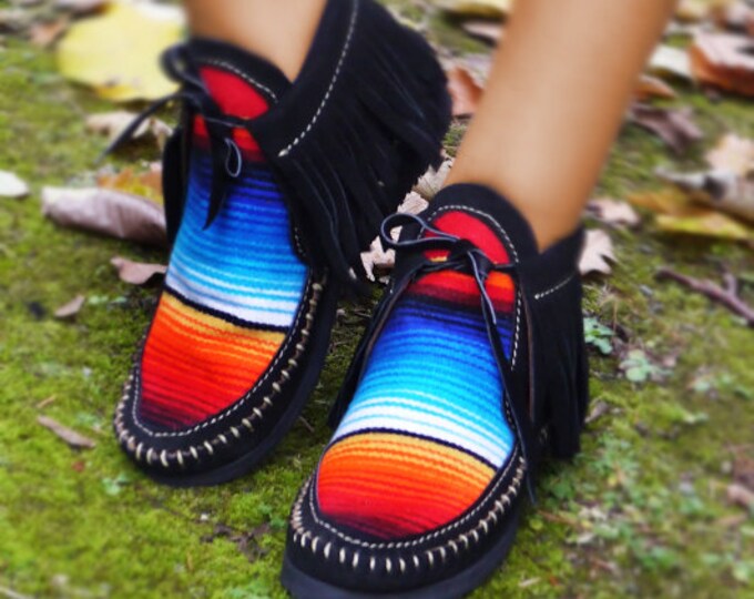 Black Leather Moccasins Serape Moccasins Womens Serape - Etsy