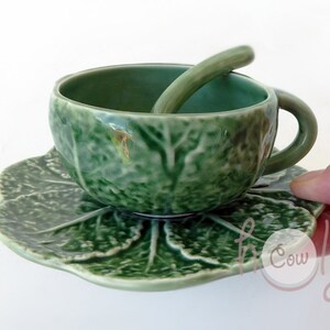 Handmade Small Ceramic Cabbage Leaf Cup, Saucer and Spoon, Ceramic Leaf ...